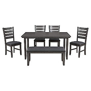GLORHOME Piece Kitchen Dining Set for 6, Farmhouse Rustic Style Rectangular Wood Table and 4 Chairs 1 Bench with Padded Cushion for Family, Gray, Dark Grey