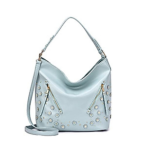 Mellow World Monserrat Floral Studded Slouchy Motor Style Hobo Handbag for Women with Removable Strap,Seafoam
