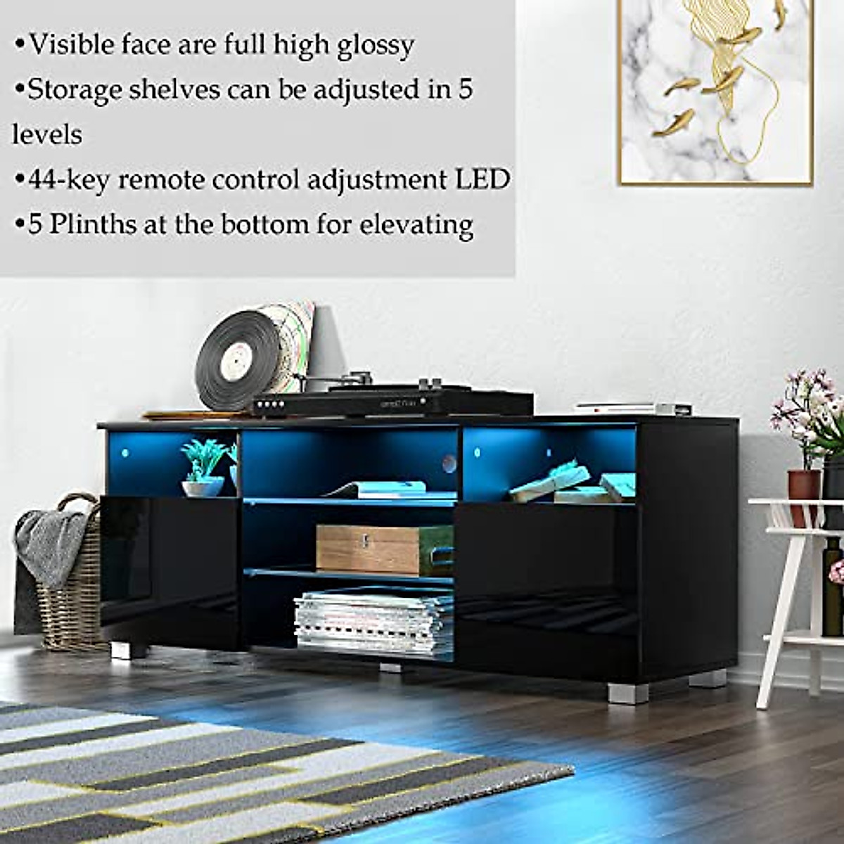 High Glossy LED Black TV Stand for 55/60/65 inch TV,Modern LED Entertainment Center with Adjustable Storage Shelves,Game Console Entertainment Center,TV Table Media Furniture (57inch, Black)