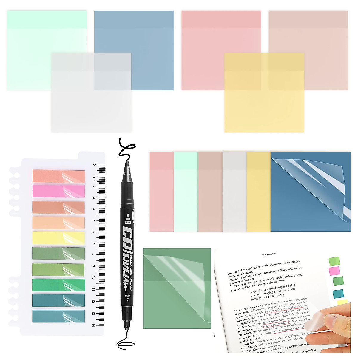 550 Pcs Transparent Sticky Notes, 3x3" Clear Sticky Notes with Marker, 2023 Planner XURISEN 9 Pack 2X Sticking Power Translucent Sticky Note Pads for Book Notes Highlights, Clean Removal