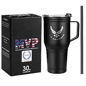 Military Veteran Products 30 Oz USAF Black Double Wall Vacuum Insulated Stainless Steel Air Force Tumbler with Handle | Travel Mug with Leakproof Lid