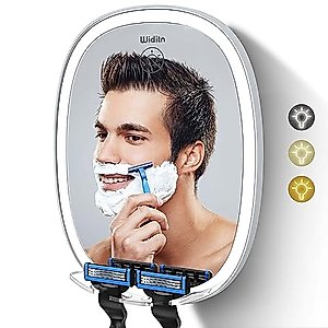 Widitn Shower Mirror Fogless for Shaving with LED, Adjustable Shaving Mirror with Razor Holder, 3 Colors Dimmable Lighting, Wall-Mounted, Shatterproof Anti-Fog Bathroom Shower Mirror for Man