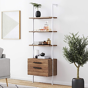 Nathan James Theo Industrial Bookshelf with Wood Drawers and Matte Steel Frame, 3-Shelf, Oak/White