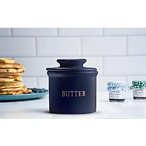 Kook Butter Keeper Dish, French Ceramic Crock with Lid, Embossed Container, For Soft Butter (Matte Navy)