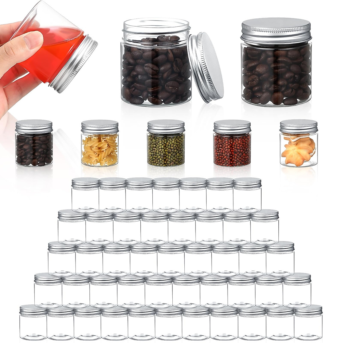 Thyle 100 Pcs Clear Plastic Jars with Lids, 4oz Refillable Containers for Cosmetics, Lotions, and Ointments, Empty Cosmetic Containers for Kitchen Household Storage (Silver)