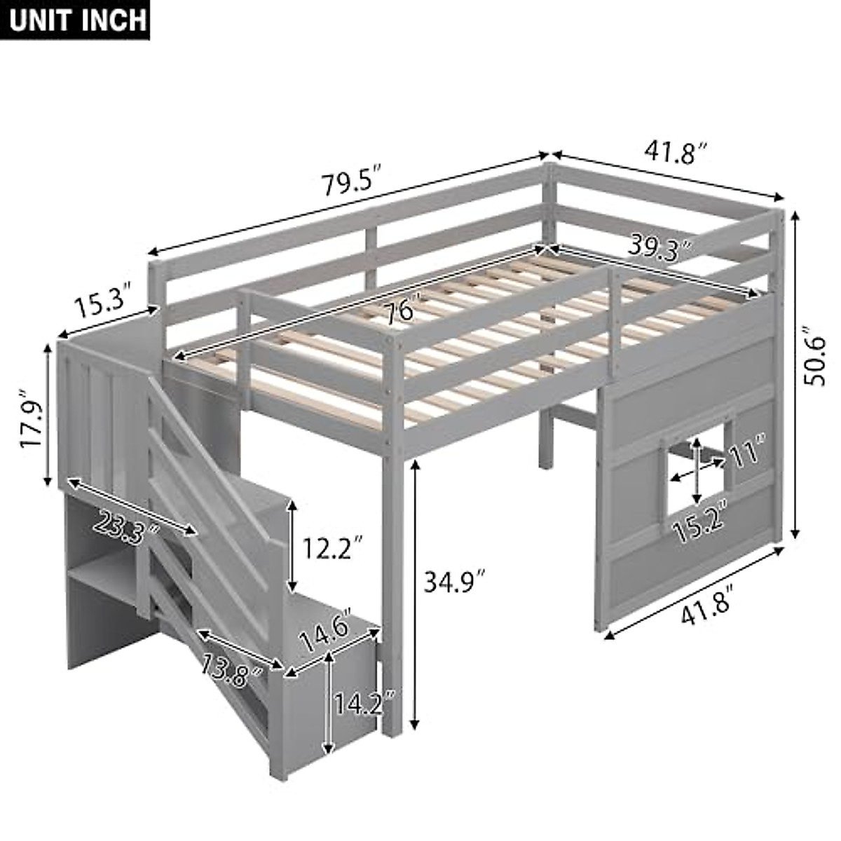 WOXYX Twin Size Loft Bed,Wood Beds Frame with Storage Staircase and Window,Grey