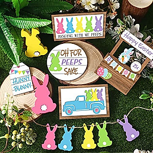 12 Pcs Easter Tiered Tray Decor Set Easter Bunny Wood Sign Rustic Farmhouse Decor Tiered Tray Decorative Trays Signs for Easter Table Holiday