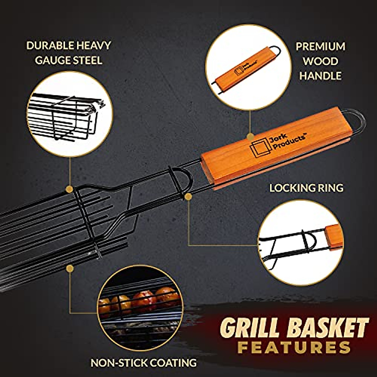 Jork Products Kebab Grilling Basket Nonstick Steel with Wood Handle, 4 x 4 pack, Includes Stainless Steel Kebab Skewers