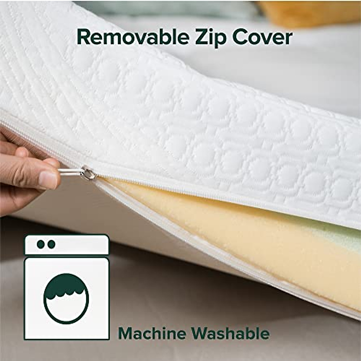 Zinus 4 Inch Green Tea Pressure Relief Memory Foam Mattress Topper/Zoned Airflow Comfort Foam/Cover Included/CertiPUR-US Certified, Short Queen, White