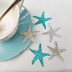 Mybbshower Glitter Paper Starfish Confetti for Birthday Party Table Scatter Beach Theme Party Wedding Decorations DIY Crafts Pack of 150 (teal gold silver)