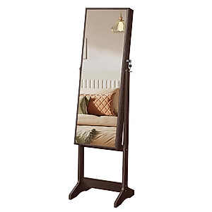 SONGMICS Mirror Jewelry Cabinet Armoire, Standing Full-Length Mirror, Lockable Jewelry Organizer, Gift Idea, Brown Surface and Black Lining UJJC69BR