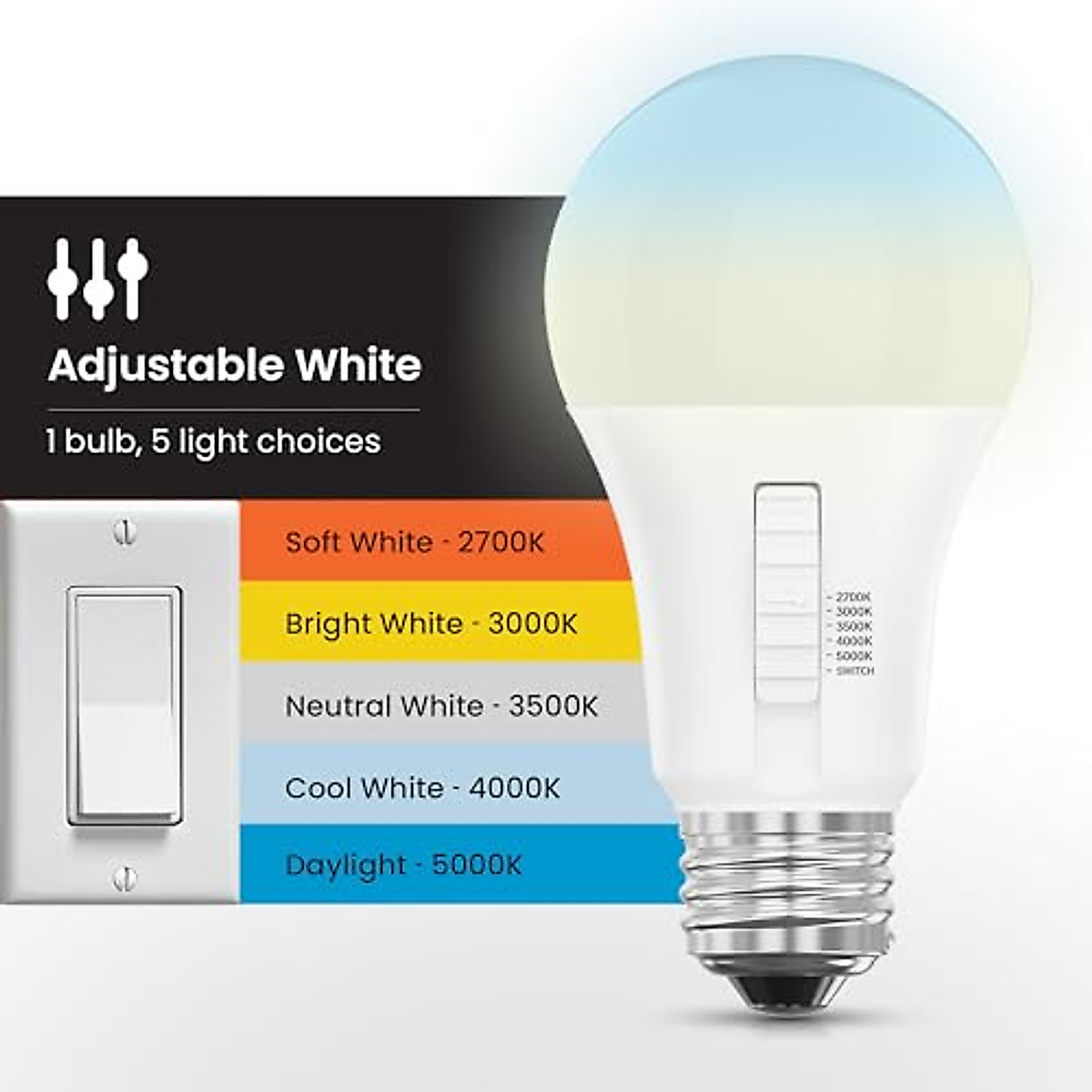 Feit Electric A19 LED Light Bulb, 60W Equivalent, Dimmable, Color Selectable 6-Way, E26 Medium Base, 90 CRI, 800 Lumens, 22-Year Lifetime, OM60DM/6WYCA/2, 2-Pack