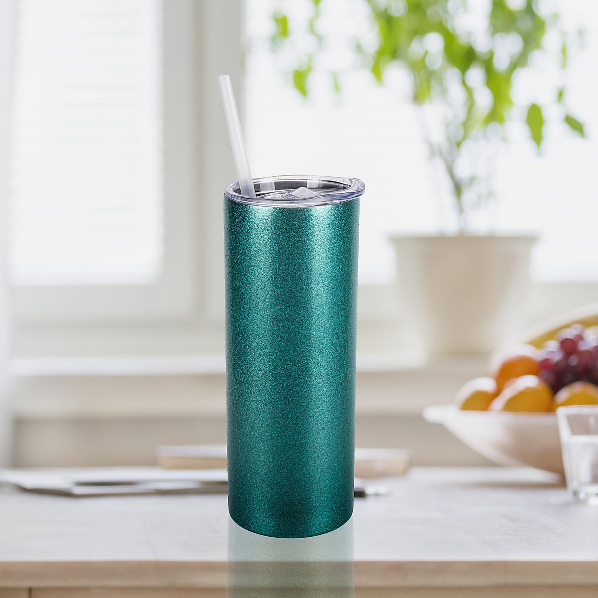 Elanze Designs 20 oz Glitter Stainless Steel Insulated Travel Tumbler With Sliding Lid For Iced or Hot Beverage, Turquoise Blue