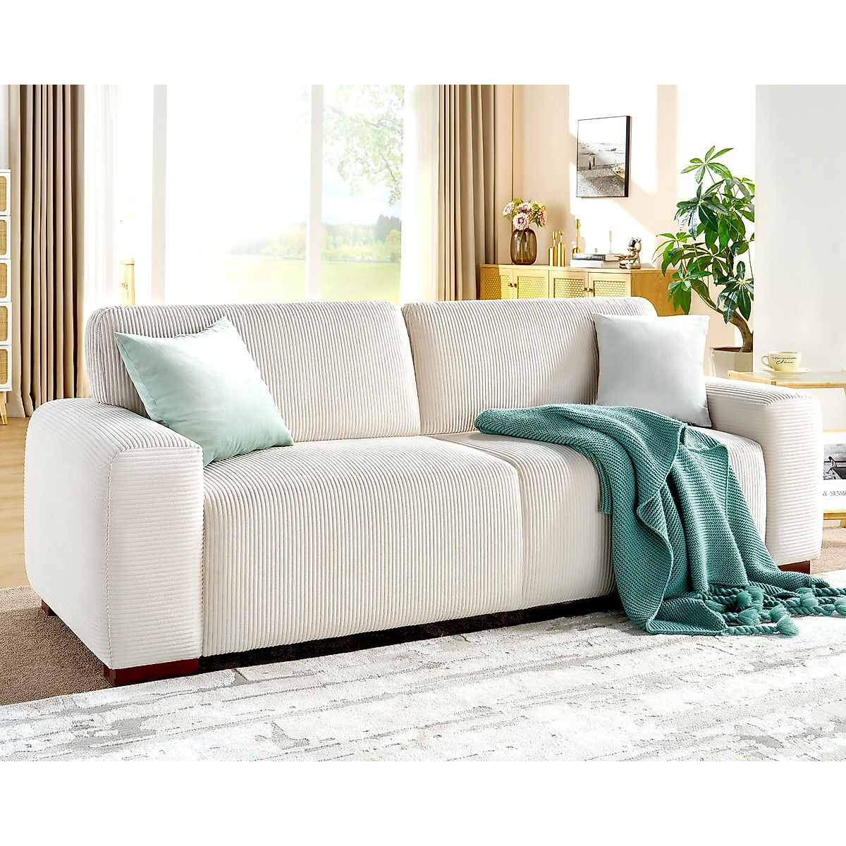 AMERLIFE Sofa, 89 inch Oversized Couch with Thick Armrest, Comfy Sofa Couch for Living Room-3 Seater Sofa in White Corduroy