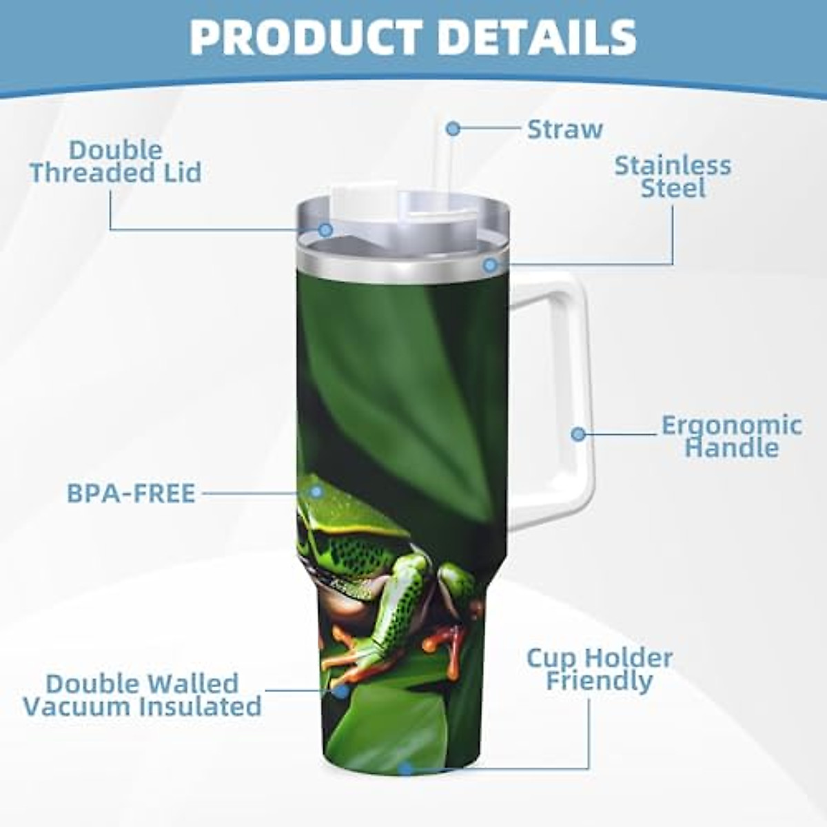 HULIBIN Animal Frog Green Leaf Leaves Print Double Deck Stainless Steel Travel Coffee Cup With Lid 40 Oz Ice Bully Cup