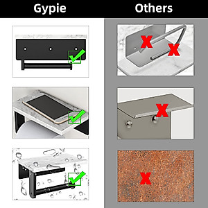 Gypie Marble Toilet Paper Holder with Shelf, 304 Stainless Steel Screw Wall Mounted, Tissue Roll Holder for Bathroom Washroom Matte Black