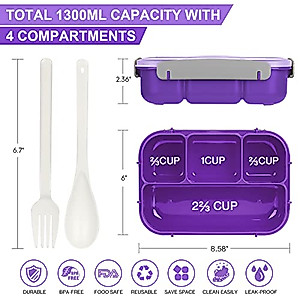 XIANKE 27Pcs Bento Box Lunch Box Kit Purple, 1300ML Lunch Container for Kids/Adults, Durable Leak-proof Box 4 Compartments with Spoon Fork Bag Accessories, Microwave Dishwasher Freezer Safe,BPA-Free