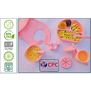 TinyTots Silicone Baby Feeding Set 13 pcs with BLW Recipes. Baby Plates and Bowls Set, Baby & Toddler Spoons Set, Sippy Cup & Lid, Silicone Bib, Baby Toothbrush (6+ Months)