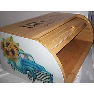 Blue Truck Bread Box Bamboo Wood Sunflowers Kitchen Country Decorative Decor new