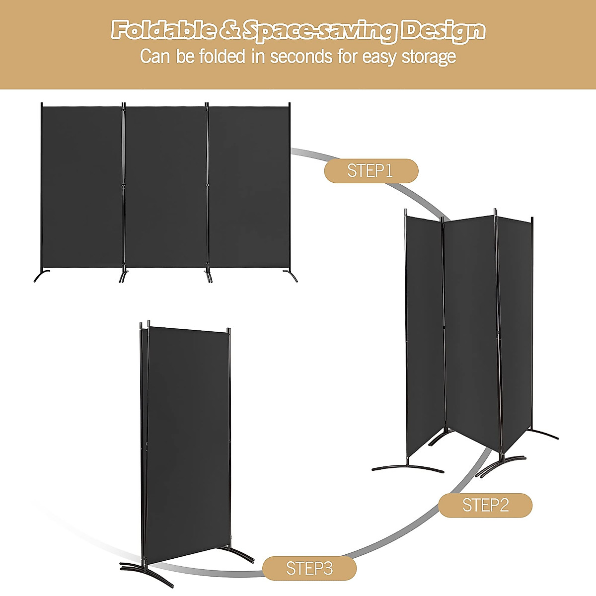DORTALA 3-Panel Room Divider, Freestanding Folding Privacy Partition Screen with Steel Frame, Morden Room Divider for Separating Room in Bedroom, Office, Black
