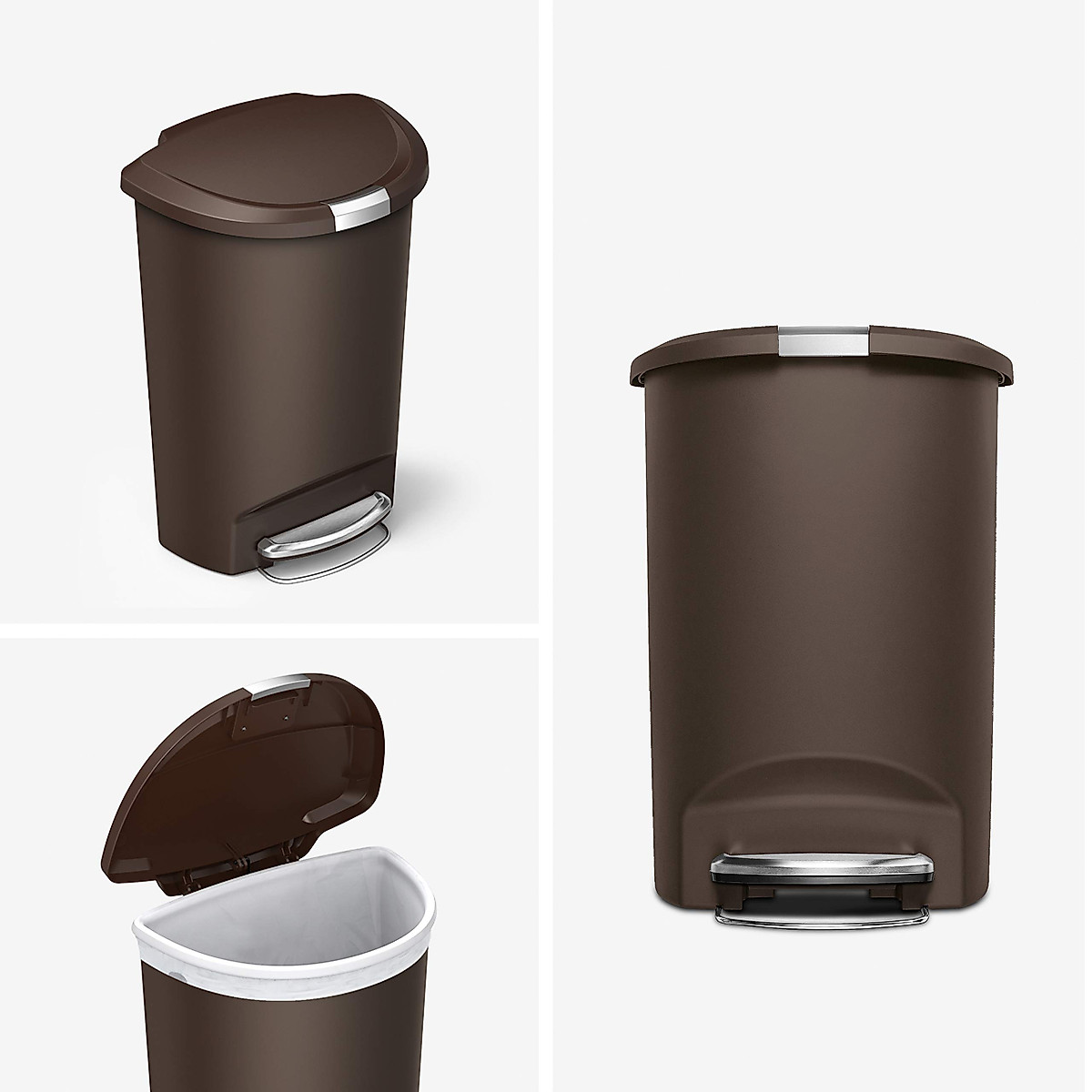simplehuman 50 Liter / 13 Gallon Semi-Round Kitchen Step Trash Can with Secure Slide Lock, Mocha Plastic