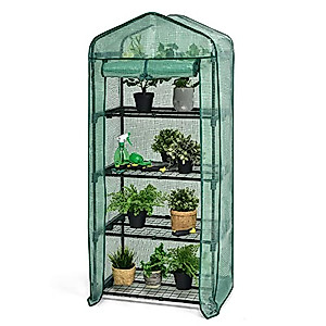 Giantex Portable Mini Greenhouse, Gardening Tent W/ 4-Tier Rack, Weatherproof PE Cover, Zippered Roll-up Door, Steel Frame, Easy Setup, Indoor & Outdoor Small Garden Supplies Green