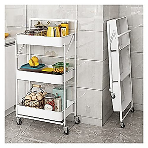 Foldable Rolling Cart 3-Tier Metal Storage Organizer Mobile Trolley for Beauty Craft Art Mesh Collapsible Utility Cart with Wheels,for Bedroom Kitchen Bathroom Garage Office (Color : White)
