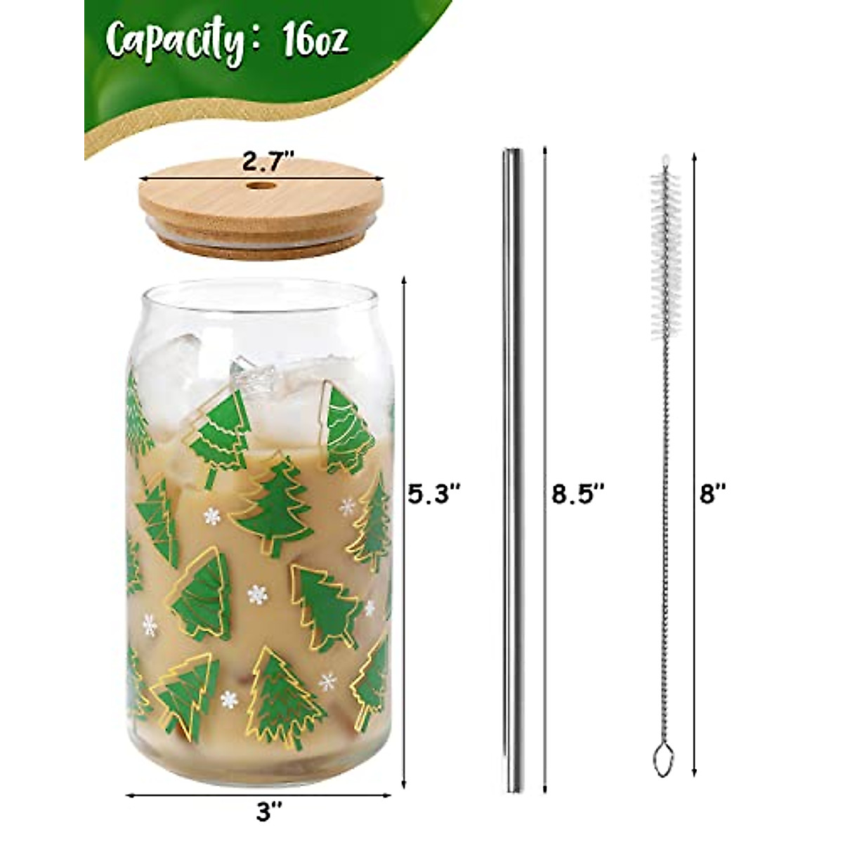 Nefelibata Christmas Cup with Bamboo Lid and Metal Straw 16oz Xmas Tree Beer Can Glass Iced Coffee Cups Drinking Glasses Smoothie Tumbler Mug Winter Holiday Party Gifts for Office Women Kids Men