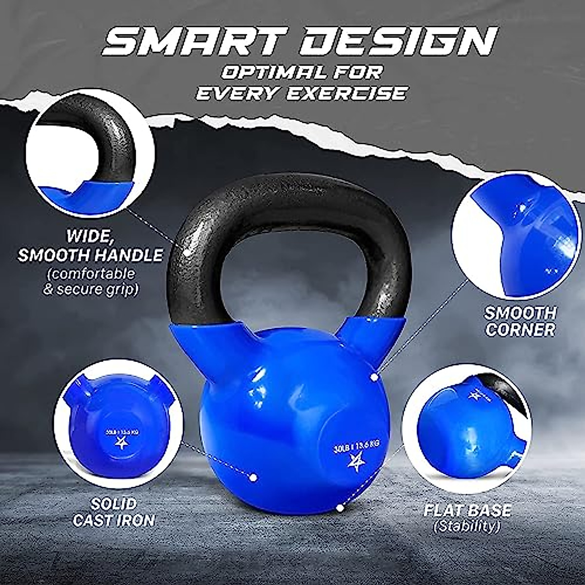 Yes4All 30 lb Kettlebell Weight Vinyl Coated Cast Iron for Dumbbell Weights Exercises, Gym, Fitness, Full Body Workout Equipment Push up, Grip and Strength Training, Blue