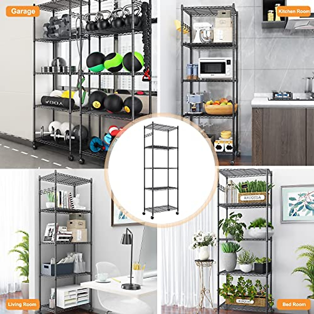 Devo 5-Tier Shelf Storage Shelves, Metal Shelves for Storage, Wire Shelving Unit, Adjustable Shelves Organizer for Garage, Pantry, Kitchen, Side Hooks, Black