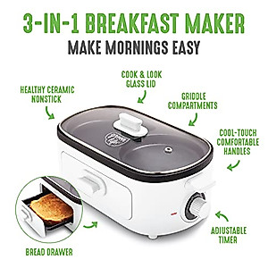 GreenLife 3-in-1 Breakfast Maker Station, Healthy Ceramic Nonstick Dual Griddles for Eggs Meat and Pancakes, 2 Slice Toast Drawer, Easy-to-use Timer, White