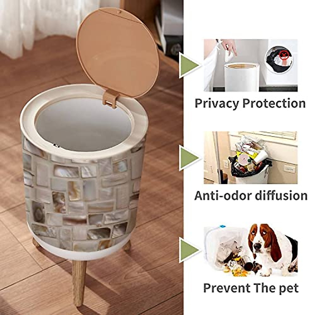 IBPNKFAZ89 Small Trash Can with Lid Closeup Photo of Mother of Pearl Tiles Garbage Bin Wood Waste Bin Press Cover Round Wastebasket for Bathroom Bedroom Kitchen 7L/1.8 Gallon