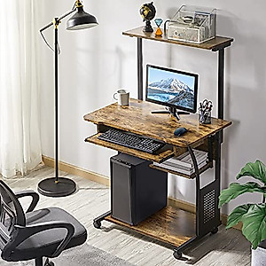 Yaheetech 3 Tiers Rolling Computer Desk with Keyboard Tray and Printer Shelf for Home Office, Mobile Computer Desk for Small Space, Retro Computer Table Compact PC Laptop Workstation, Rustic Brown