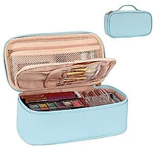 OCHEAL Small Makeup Bag,Portable Cute Travel Makeup Bag Pouch for Women Girls Makeup Brush Organizer Cosmetics Bags with Compartment-Lake Blue