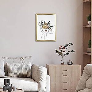 GXOBOCX Canvas Wall Art Abstract Woman Holding Face Flower on Head Illustration Modern Art Minimalist Wall Art for Living Room Bathroom Decor (Gold Framed, 12x16 inches)