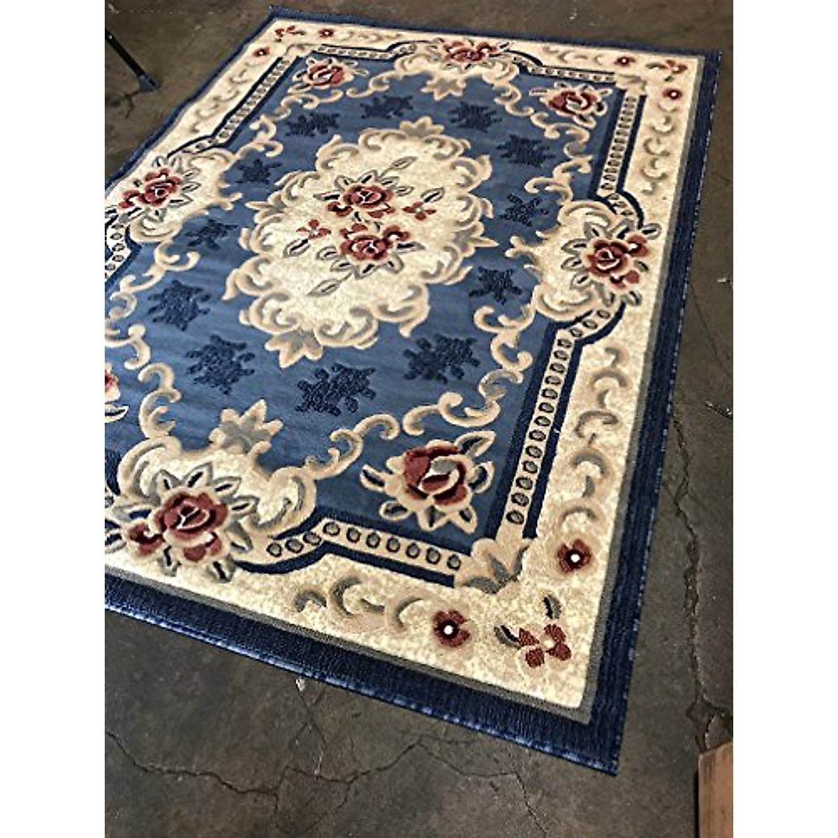 Traditional Aubusson Persian Area Rug Light Blue with Red Design 507 (5 Feet 3 Inch X 7 Feet 2 Inch)