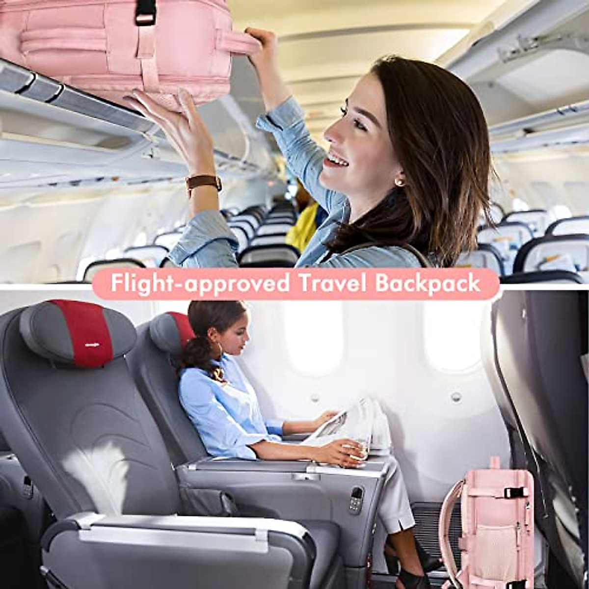 Rinlist Travel Backpack (2 Pieces Pink+Beige), Carry-on Backpack Flight-Approved for Men Women