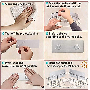 GEMITTO Corner Shower Caddy, SUS304 Stainless Steel Self-adhesive Bathroom Organizer Rack with 3 Stickers+2 Hooks, No Drilling for Shampoo Conditioner Kitchen Spice Storage (Silver)