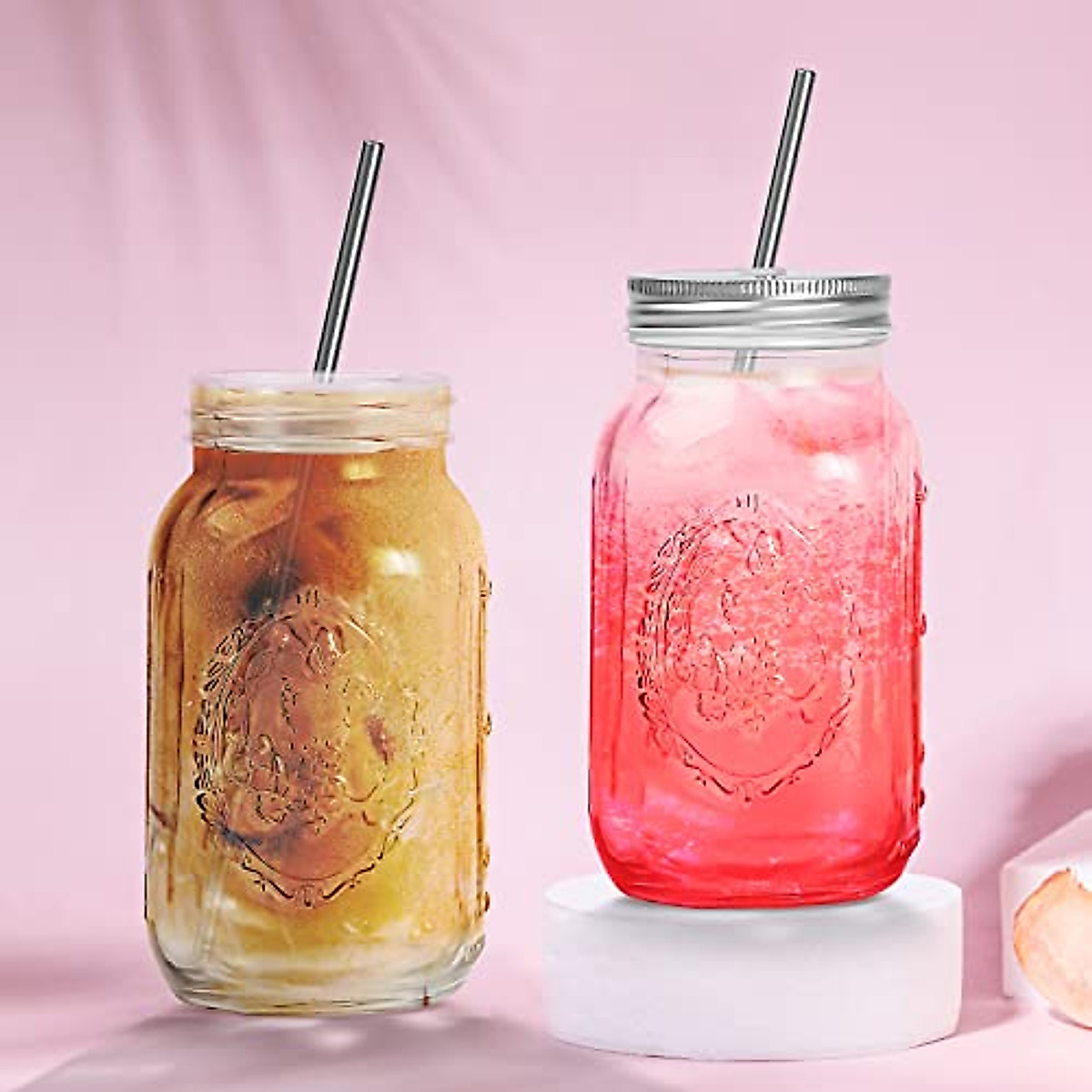 Smoothie Cups, Glass Mason Drinking Jar, 24oz Smoothie Cups with Lid and Stainless Steel Straw, Regular Mouth Mason Jars, Drinking Mugs, Tea Cup Travel Mug, Ideal for Juice, Milk (Pack Of 2, Clear)