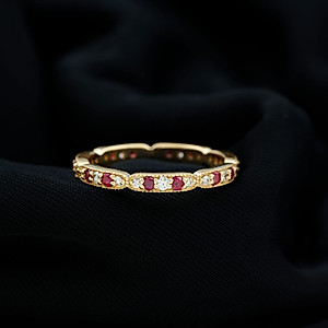 Rosec Jewels 1.25 CT Ruby and Diamond Full Eternity Ring, Ruby and Diamond Gold Full Eternity Ring, Gold Milgrain Eternity Ring with Ruby, 14K Yellow Gold, Size:US 12.00