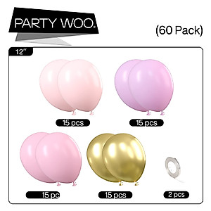 PartyWoo Purple Pink Gold Balloons, 60 pcs 12 Inch Purple Balloons, Light Pink Balloons, Gold Metallic Balloons and Pink Balloons, Purple Pink Balloons for Princess Birthday Party, Purple Baby Shower