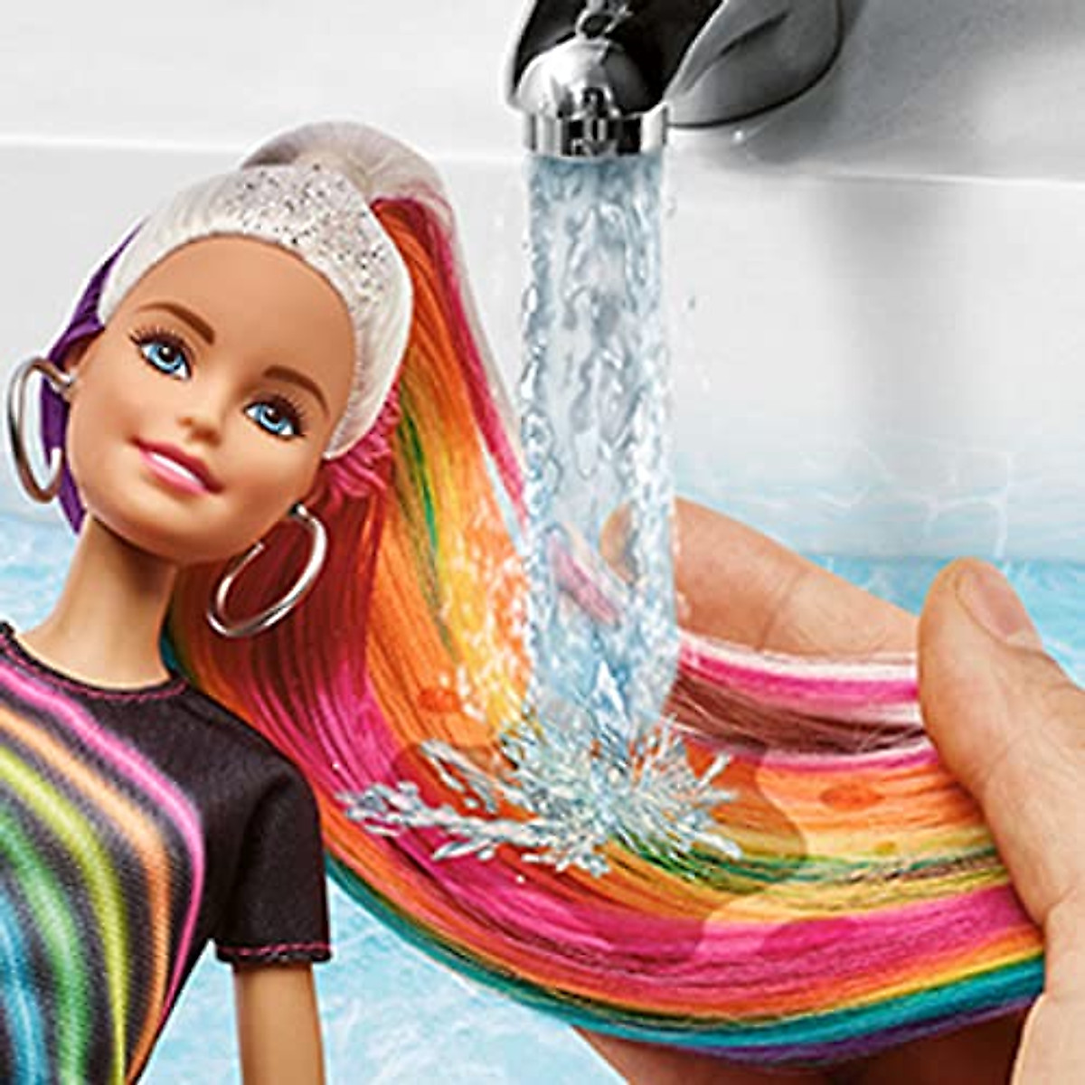 Barbie Doll, Rainbow Sparkle Hair with Extra Long 7.5-Inch Blonde Rainbow Hair, Sparkle Gel & Comb with Styling Accessories