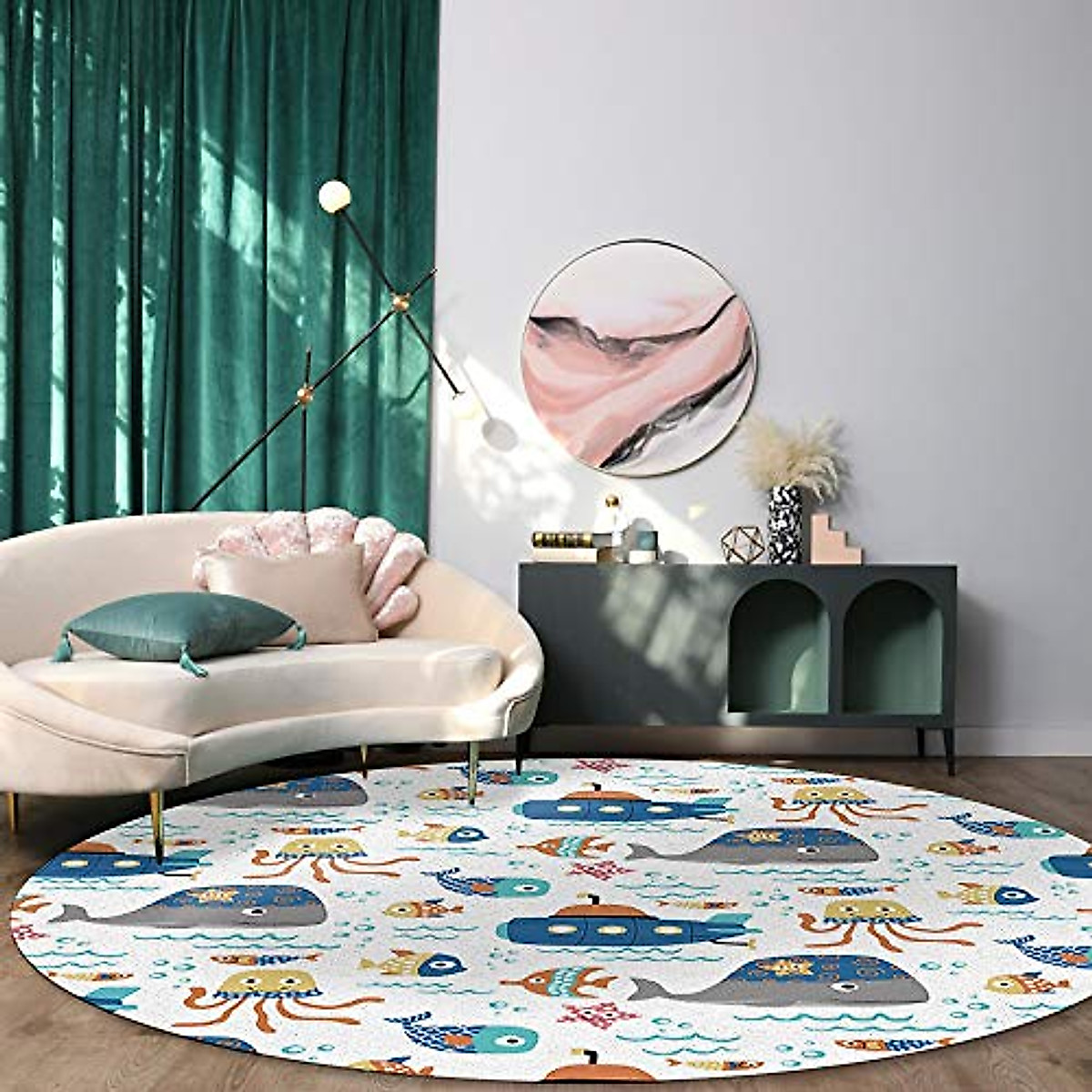 Round Modern Area Rug Mats for Living Room Cute Submarine Whale Fish Octopus Cartoon Ocean Sea Life Pattern Non-Slip Floor Mat Carpet Soft Throw Rug Comfort Accent Rug for Kitchen/Kids Room