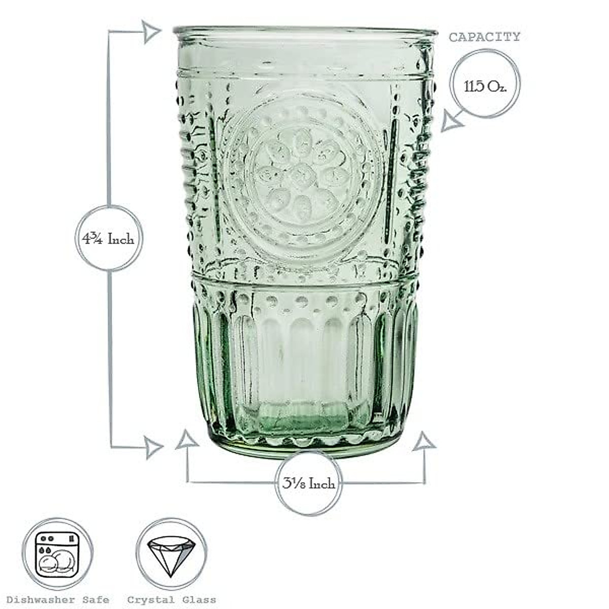 Bormioli Rocco Romantic Set Of 4 Tumbler Glasses, 11.5 Oz. Colored Crystal Glass, Pastel Green, Made In Italy.