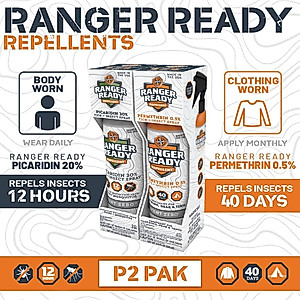 Ranger Ready Repellents P2Pak Permethrin + Picaridin Tick & Insect Repellent, Scent Zero, 8 Fl Oz. (Pack of 2)