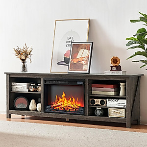 AMERLIFE Fireplace TV Stand, Wood Texture Entertainment Center with 23" Electric Fireplace, Farmhouse Entertainment Stand Media TV Console for TVs Up to 80", 70 inches, Rustic Grey