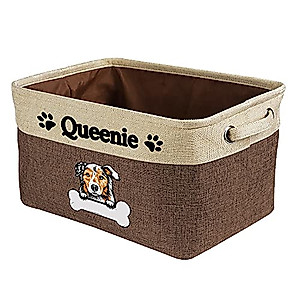 MALIHONG Personalized Foldable Storage Basket with Funny Dog Australian Shepherd Collapsible Sturdy Fabric Bone Pet Toys Storage Bin Cube with Handles for Organizing Shelf Home Closet, Brown & White
