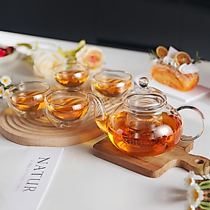 CNGLASS Glass Teapot Set,20oz Clear Tea Pot with 4 Double Wall Teacups,Stovetop Safe Tea Kettle,Blooming Loose Leaf Tea Maker Gift,Microwave Dishwasher Safe