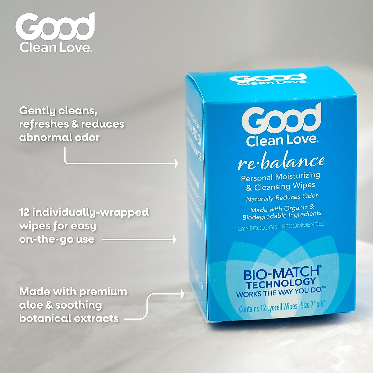Good Clean Love Rebalance Feminine Wipes, Supports Vaginal Health Naturally & Reduces Odor, Moisturizing & Cleansing Hygiene Product Made with Aloe, pH-Balanced Feminine Wipes, 12 Biodegradable Wipes