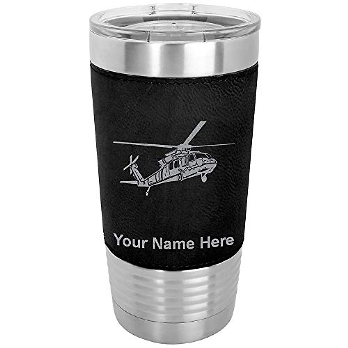 LaserGram 20oz Vacuum Insulated Tumbler Mug, Military Helicopter 1, Personalized Engraving Included (Faux Leather, Black)